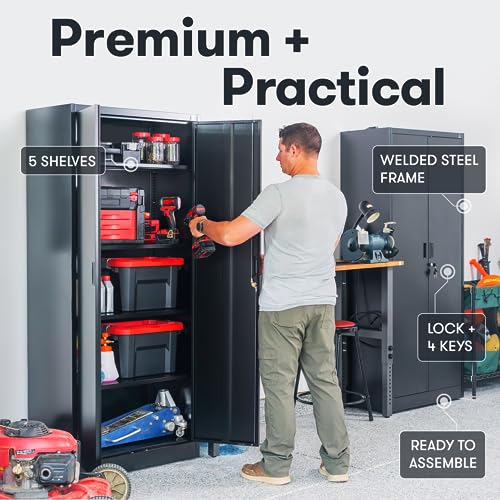Metal Garage Storage Cabinet - 71-inch Tall Large Steel Utility Locker with Adjustable Shelves & Locking Doors - Garage Cabinets for Tool Storage and Ammo Locker - Black