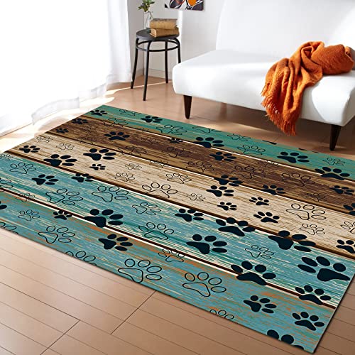 Small Area Rug 3'x5', Paw Print Filling Soft Kids Room Throw Carpet Non-Slip Bathroom Rugs, Rustic Teal Brown Beige Wood Indoor Floor Mats Kitchen Runner Rugs for Living Room Bedroom