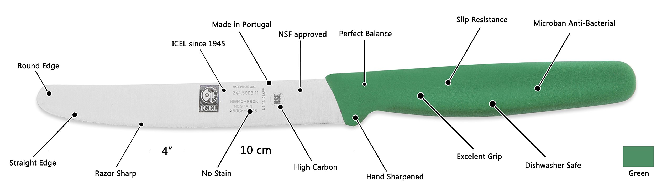 ICEL 4.25 Inch Straight Round Edge, High Carbon German Stainless Steel Razor Sharp Blade, Super Grip, Green Handle