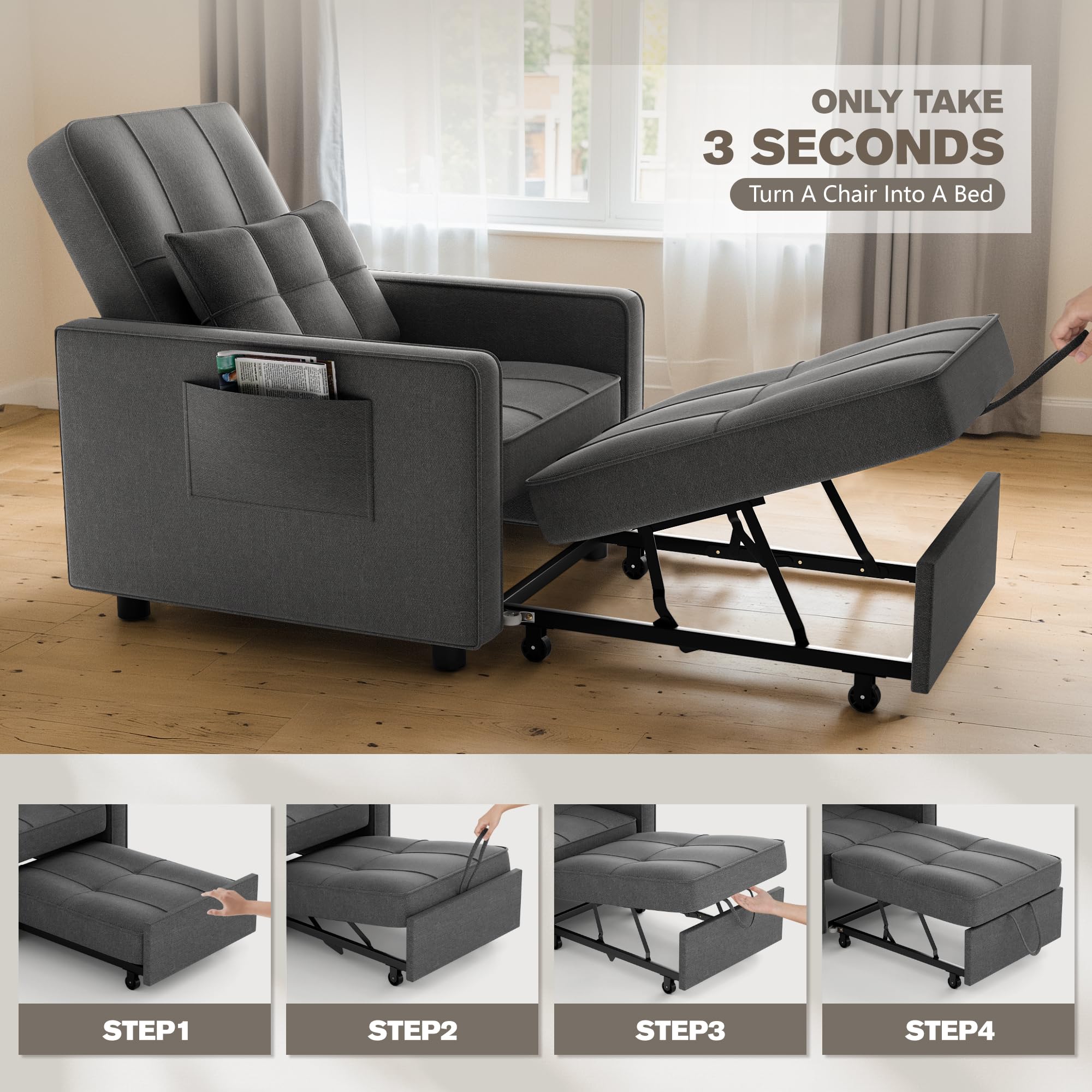 JUMMICO Sleeper Chair, 3-in-1 Convertible Sleeper Sofa Bed for Adults, Linen Fabric Pull Out Chair Bed with Adjustable Backrest, for Living Room, Apartment, Office, Small Space (Dark Gray)