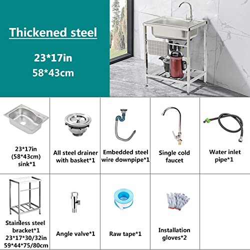 Stainless sink,single bowl kitchen sinks,stainless steel utility sink,Thickened stainless steel single sink with stainless steel bracket and 360° swivel faucet, suitable for garage, kitchen, (Color :