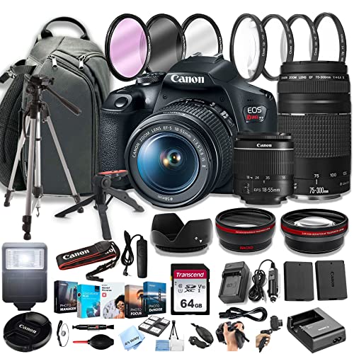 EOS Rebel T7 DSLR Camera w/EF-S 18-55mm F/3.5-5.6 Zoom Lens + 75-300mm F/4-5.6 III Lens+ 64GB Memory Cards, Professional Photo Bundle (42pc Bundle)