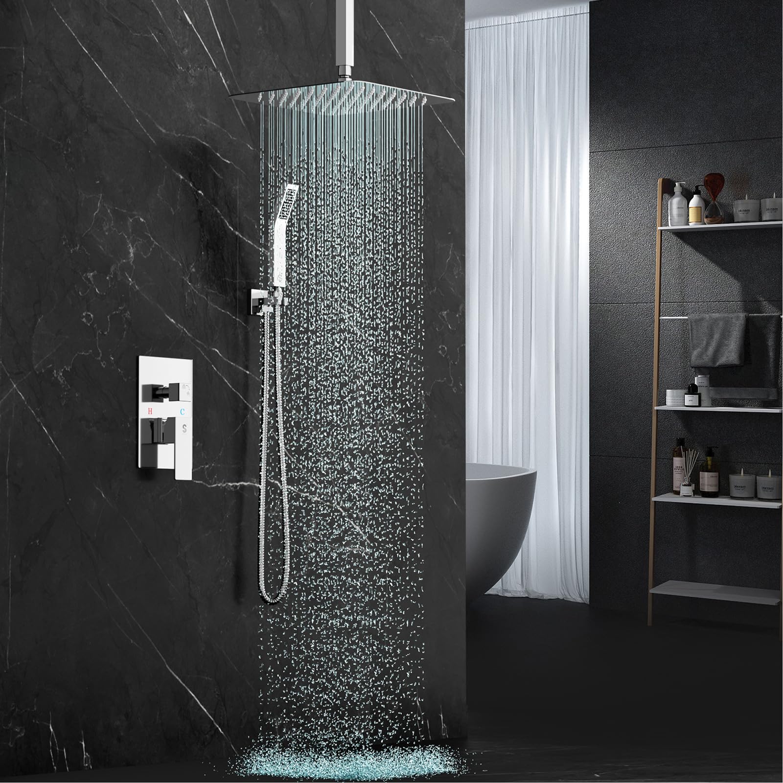 SR SUN RISE SRSH-C1003 Ceiling Mount Bathroom Luxury Rain Mixer Shower Combo Set Rainfall Shower Head System 10 Inch Polished Chrome (Contain Shower Faucet Rough-In Valve Body and Trim)