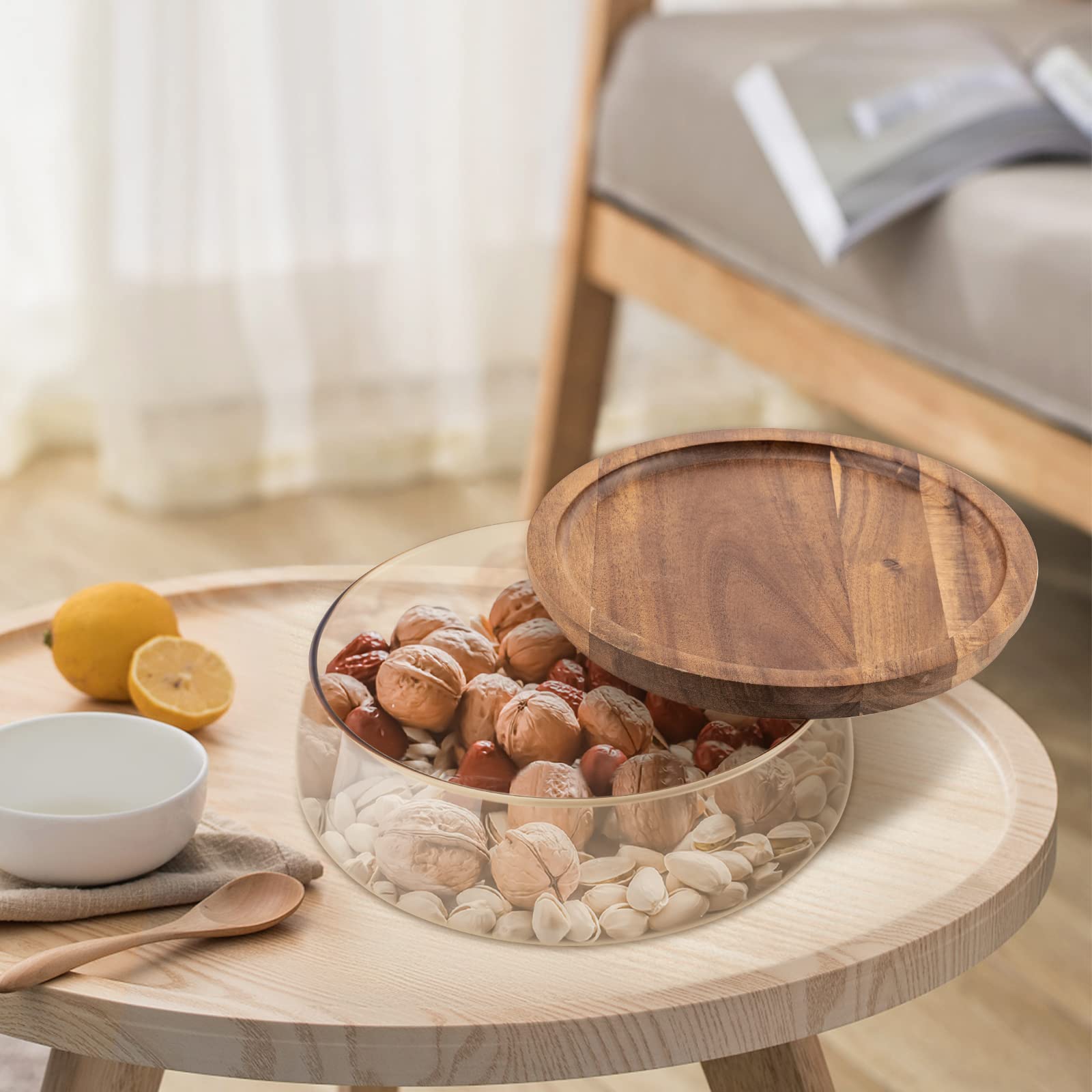 Glass Candy and Nuts Serving Container Rustic Salad Bowl with Wooden Lid Farmhouse Style Round Food Storage Platter Clear Storage Bowl for Home Kitchen Fruit Snack Vegetable Candy Nut, Brown