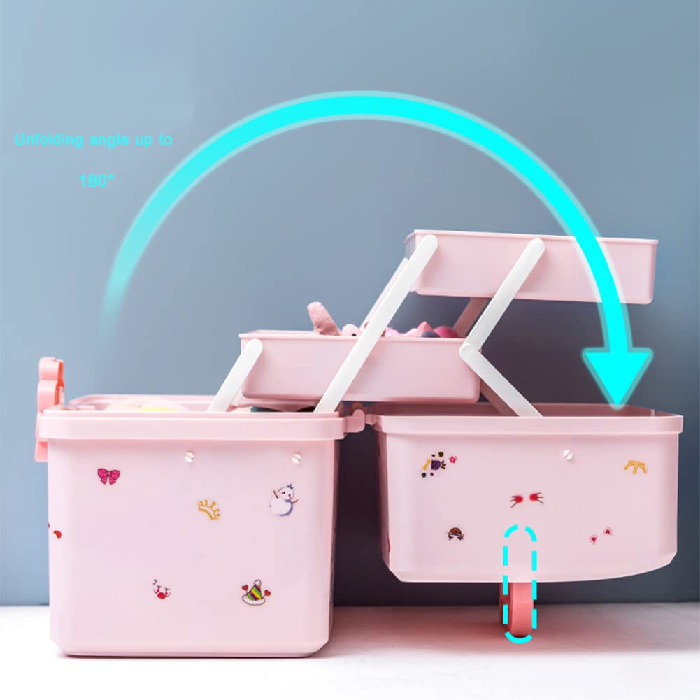 Srutirbo Hair Accessories Organizer for Girls,Portable 3-Layers Plastic Box with Fold Tray and Handle, Lockable Container for Art Supply, Makeup, Nail, Hair Accessories
