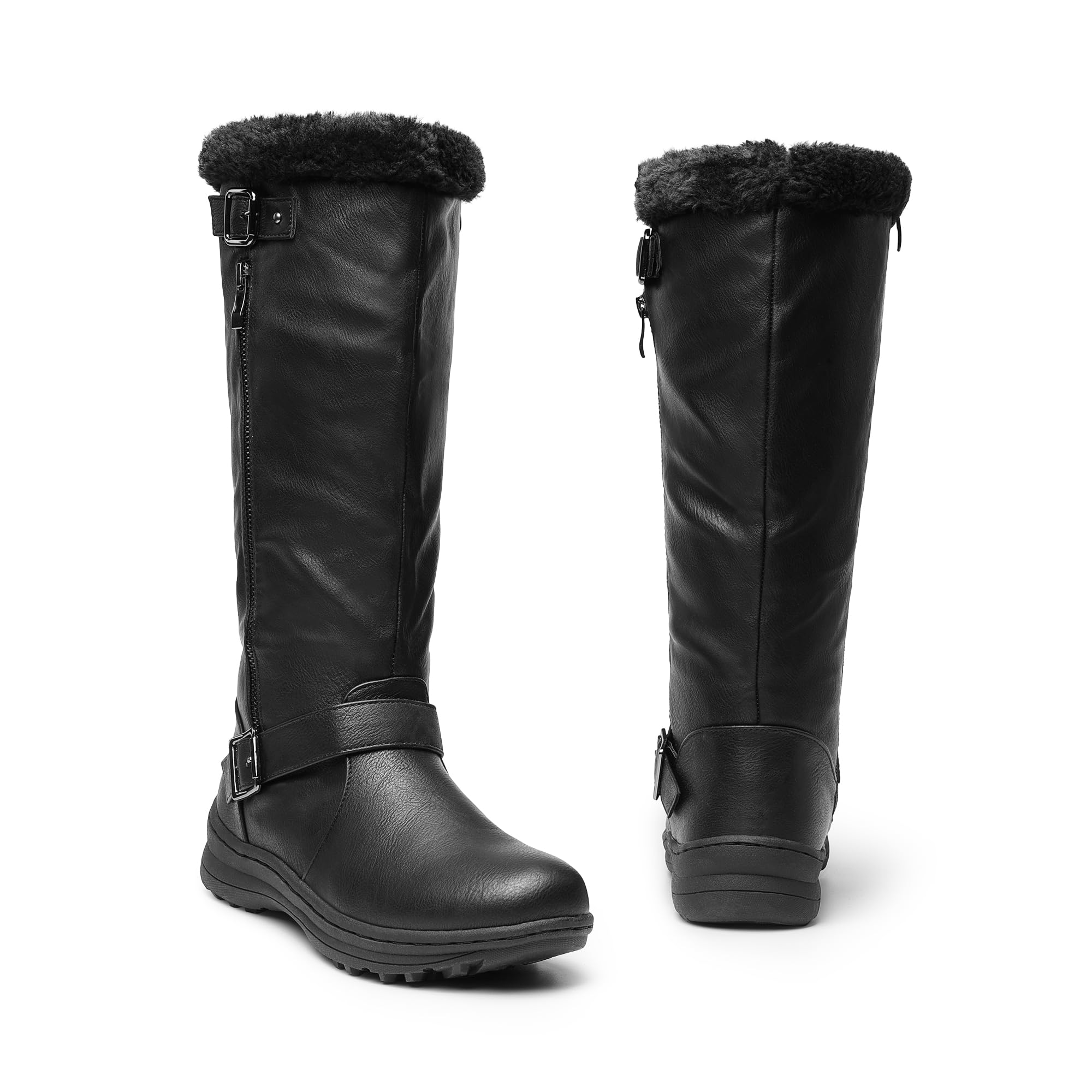 DREAM PAIRS Rabbit Women's Lady Winter Fully Fur Lined Double Buckle Ruched Snow Knee High Boots Black PU-SZ-9
