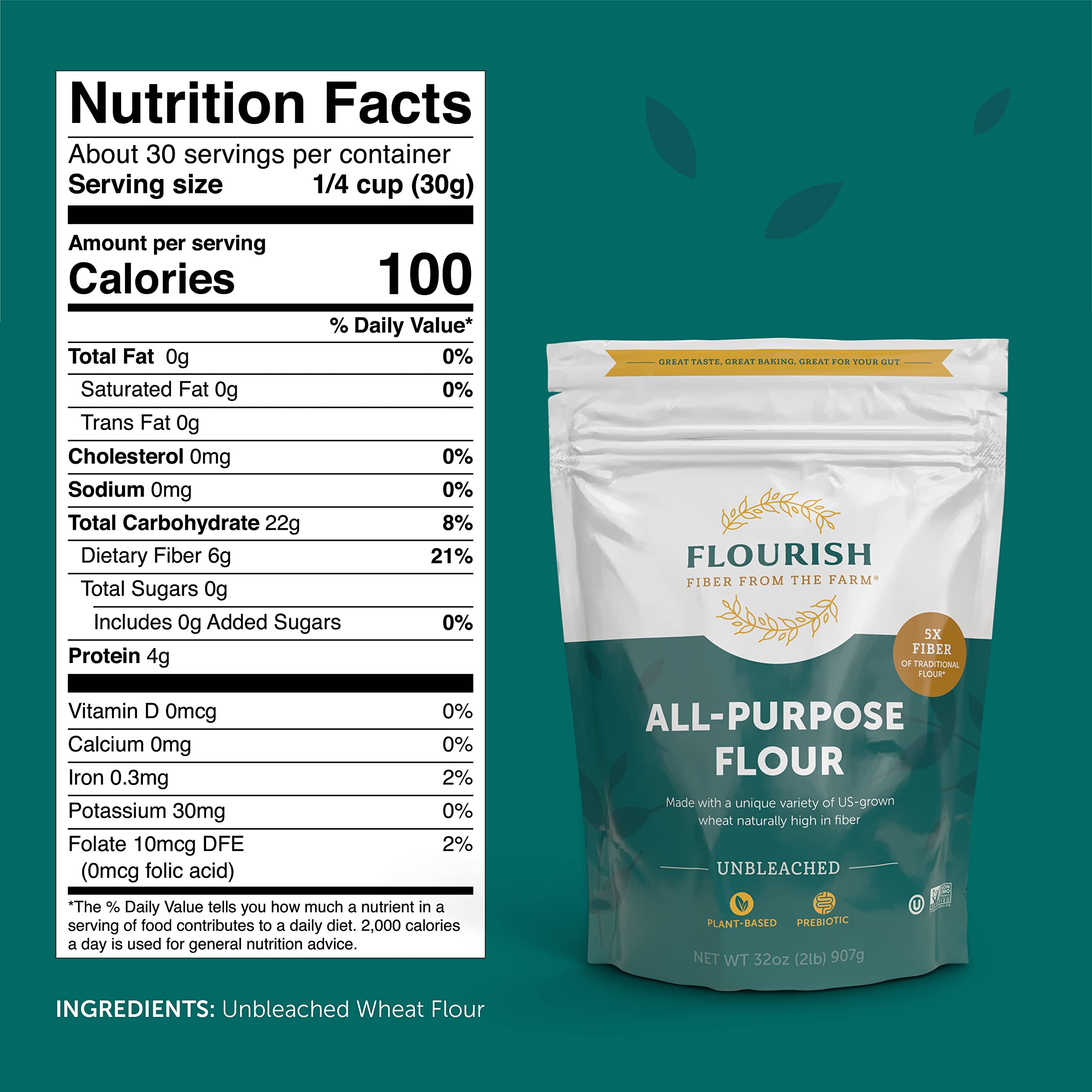 Flourish Fiber from the Farm - High Fiber/Low Carb, Unbleached All Purpose Flour, 2 lbs