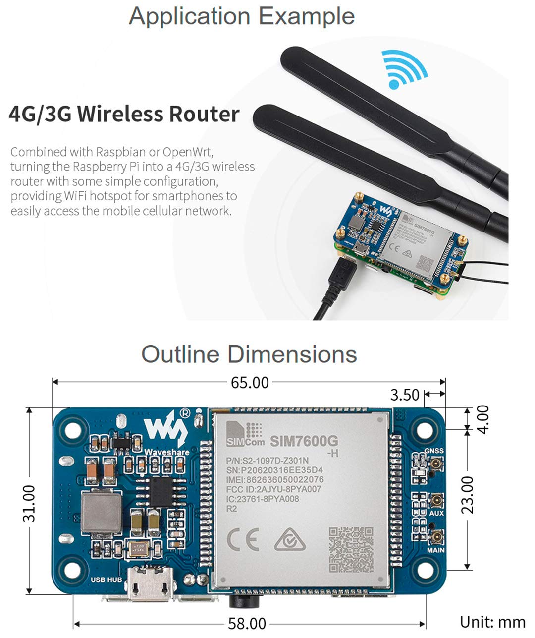 waveshare SIM7600G-H 4G HAT Board for Raspberry Pi4B/3B+/3B/2B/B+/A+/Zero/Zero WH and PC,Support LTE Cat-4 4G 3G 2G Communication and GNSS Positioning Global Band