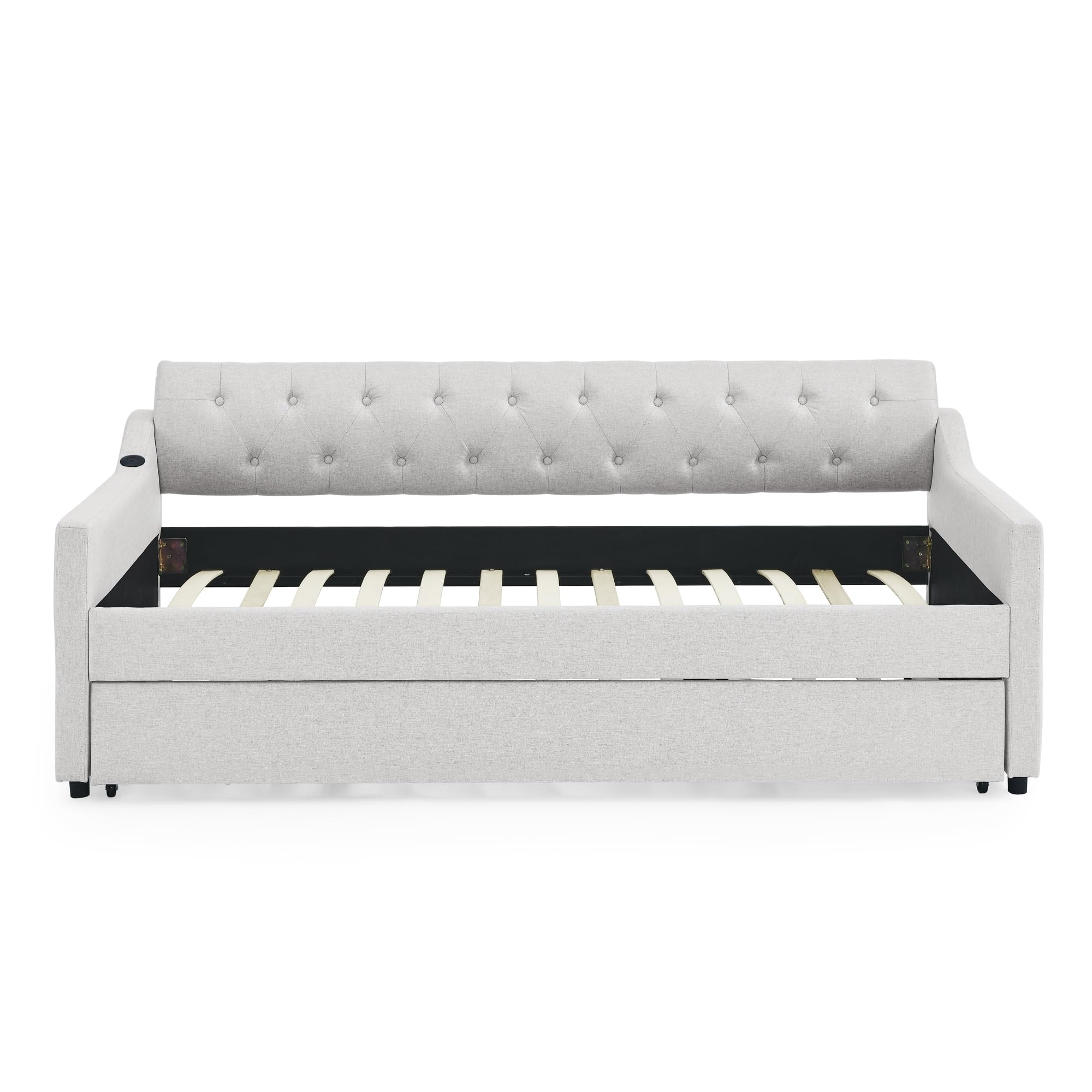 LUSPAZ Twin Size Upholstery Daybed with Trundle and USB Charging Design, Twin to King Design Mid-Century Extendable Sofa Bed, Easy Assembly, No Box Spring Required, for Living Room and Bedroom, Beige