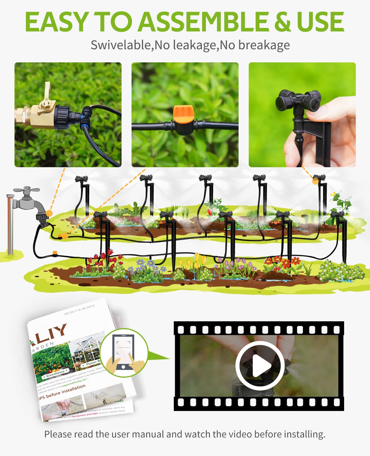 HIRALIY 65FT Drip Irrigation Kit, Plant Watering System, 1/4" Blank Distribution Tubing and 4-Outlet Watering Misting Nozzles, Automatic Irrigation Equipment Set for Patio Lawn