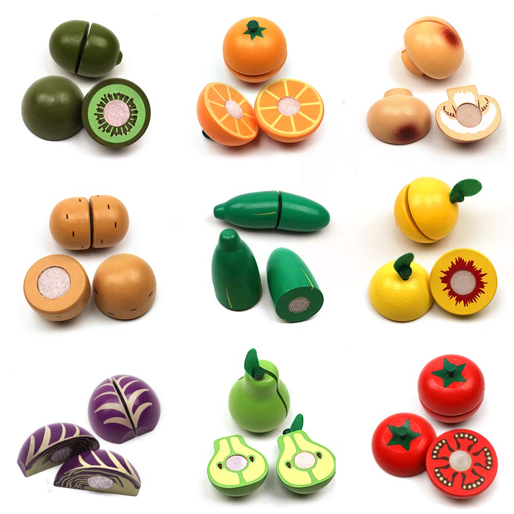 Wooden Cutting Fruit Vegetables Set for Kids - Pretend Play Food Toy Set with Wooden Knife and Tray Learning Toys for Toddlers (Fruit-E)