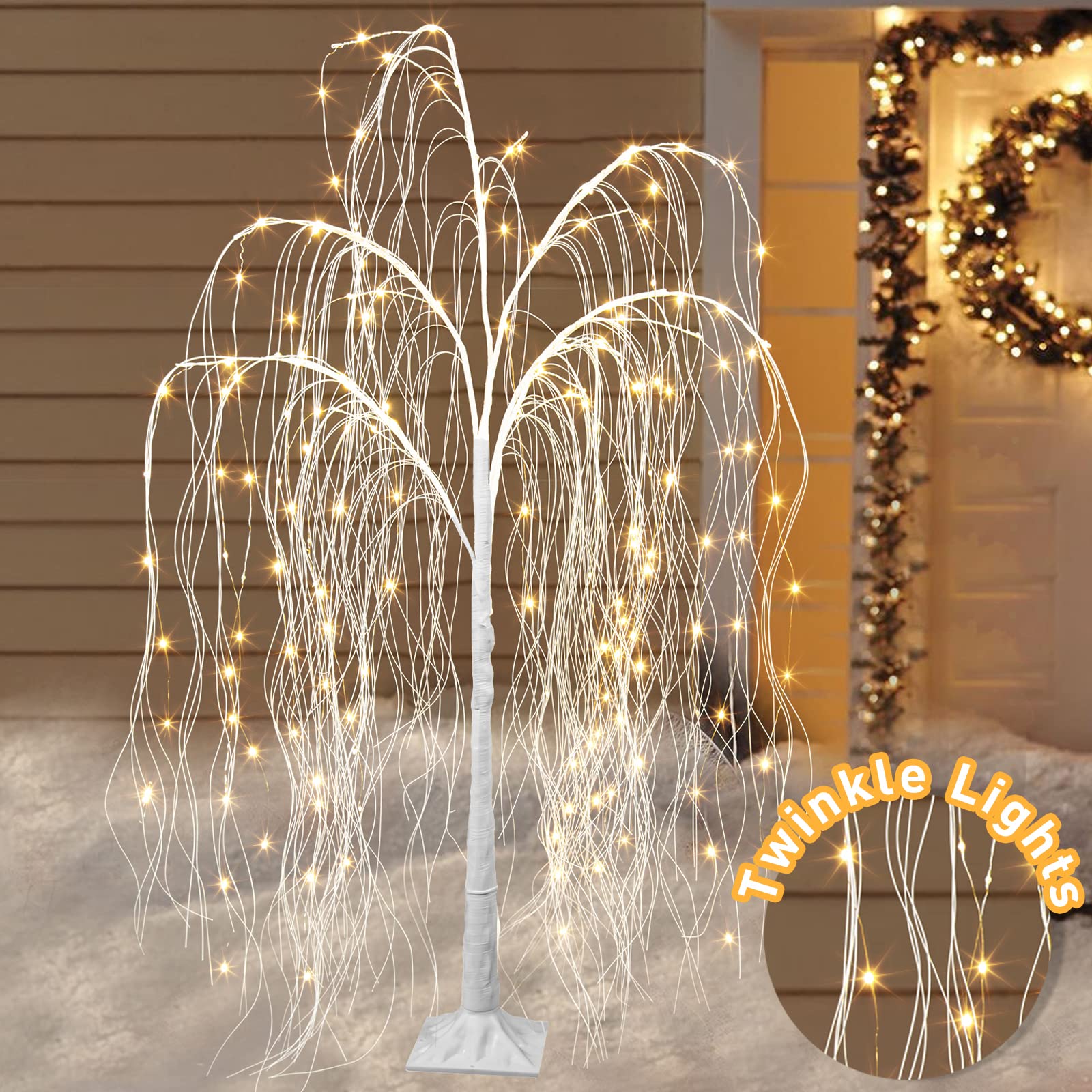 EAMBRITE 4FT Lighted Willow Tree, Weeping Willow Artificial Tree with 180 Twinkle Fairy Lights, White Christmas Tree for Home Office Holiday Party Indoor Outdoor Decoration