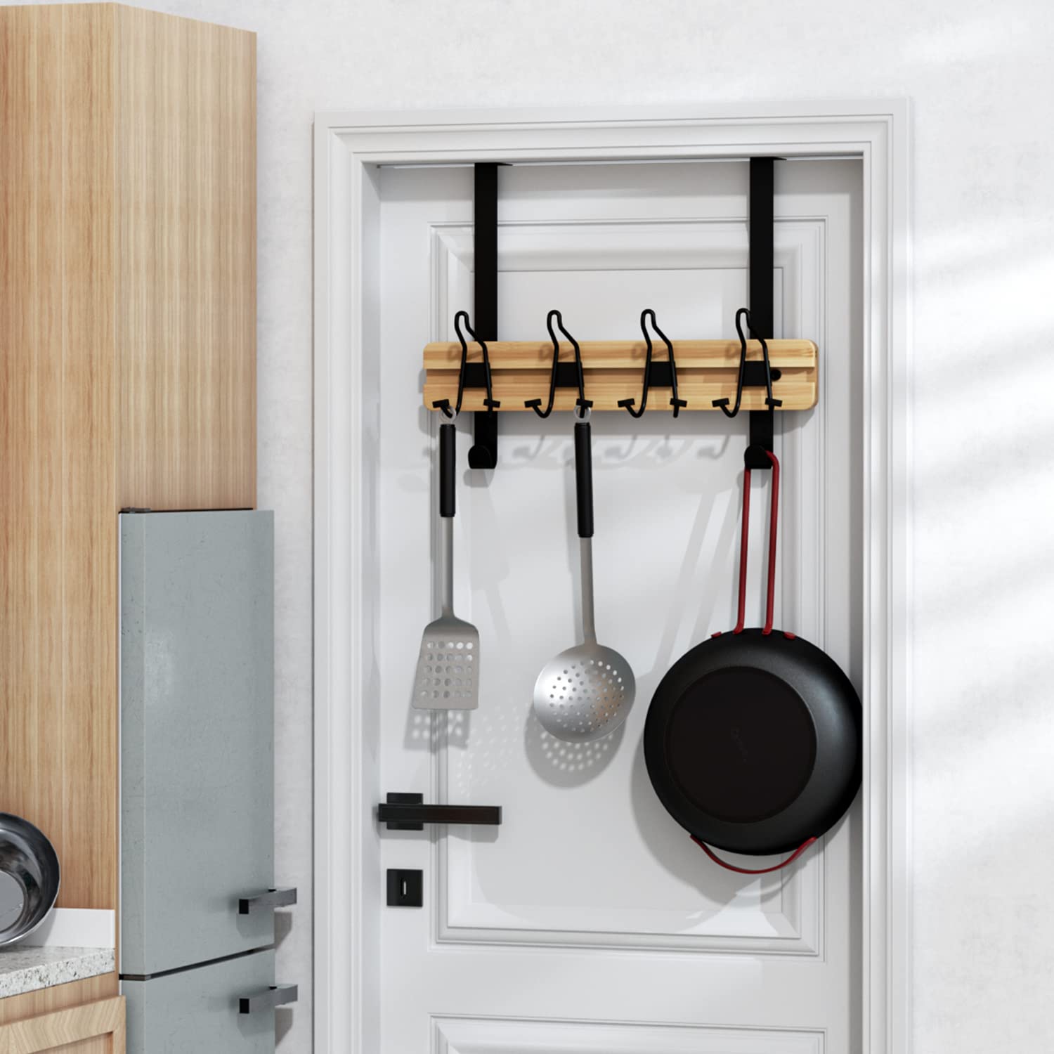 ETECHMART Bamboo Hanger with 4 Adjustable Tri Hooks for Hanging Clothes Hat Bag, Behind/Over The Door Towel Rack for Bathroom, Heavy Duty Wall Mounted Coat Rack, No Drilling, Walnut