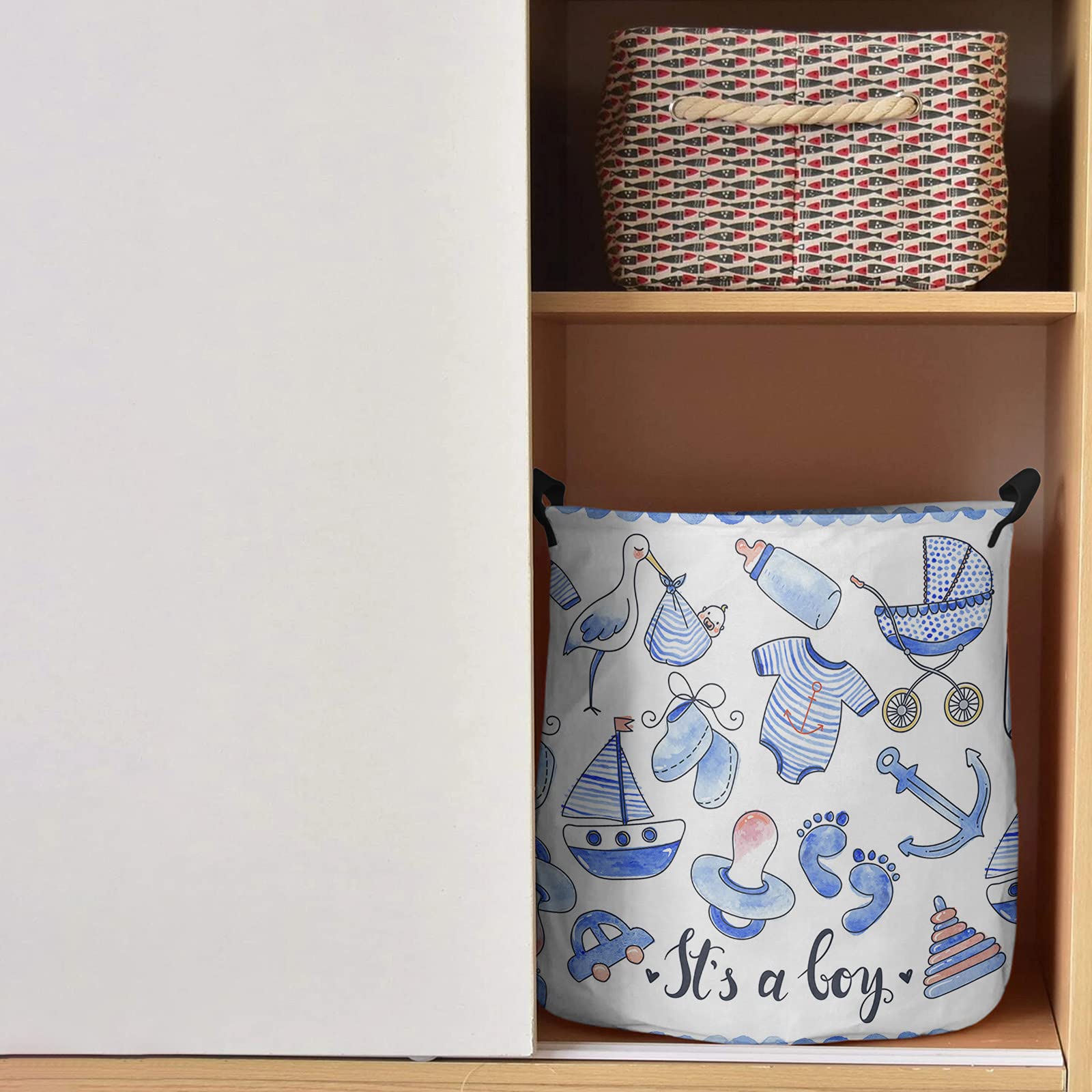 Laundry Basket Blue Stork with Baby Gift Hampers for Laundry Room/Dorm/Nursery Collapsible Clothes Hamper with Handle Waterproof Storage Baskets for Bedroom/Bathroom 13.8x17in