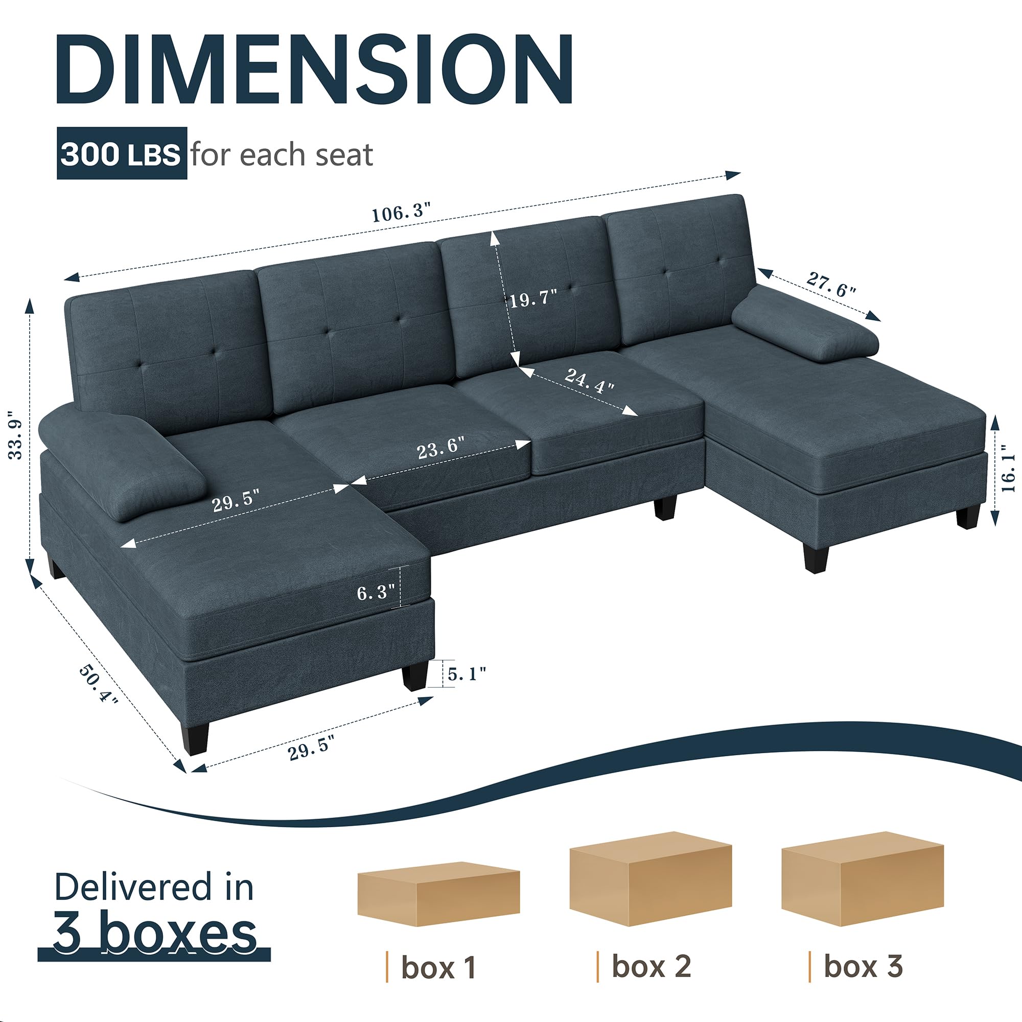 Meilocar Sectional Couches for Living Room, 4 Seat Sofa Set U-Shaped Couch with Double Wide Chaise, 106in Sofa Modern Fabric Large Couch with Oversized Seats (Grey)