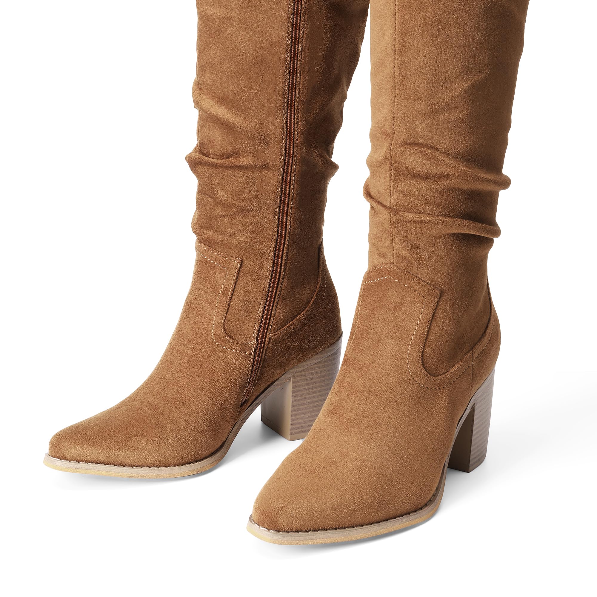 DREAM PAIRS Tall Boots For Women, Comfortable Chunky Block Heel Pointed Toe Pull On Side Zipper Suede Slouch Riding Boots, Camel, Size 7, Sdkb2308w