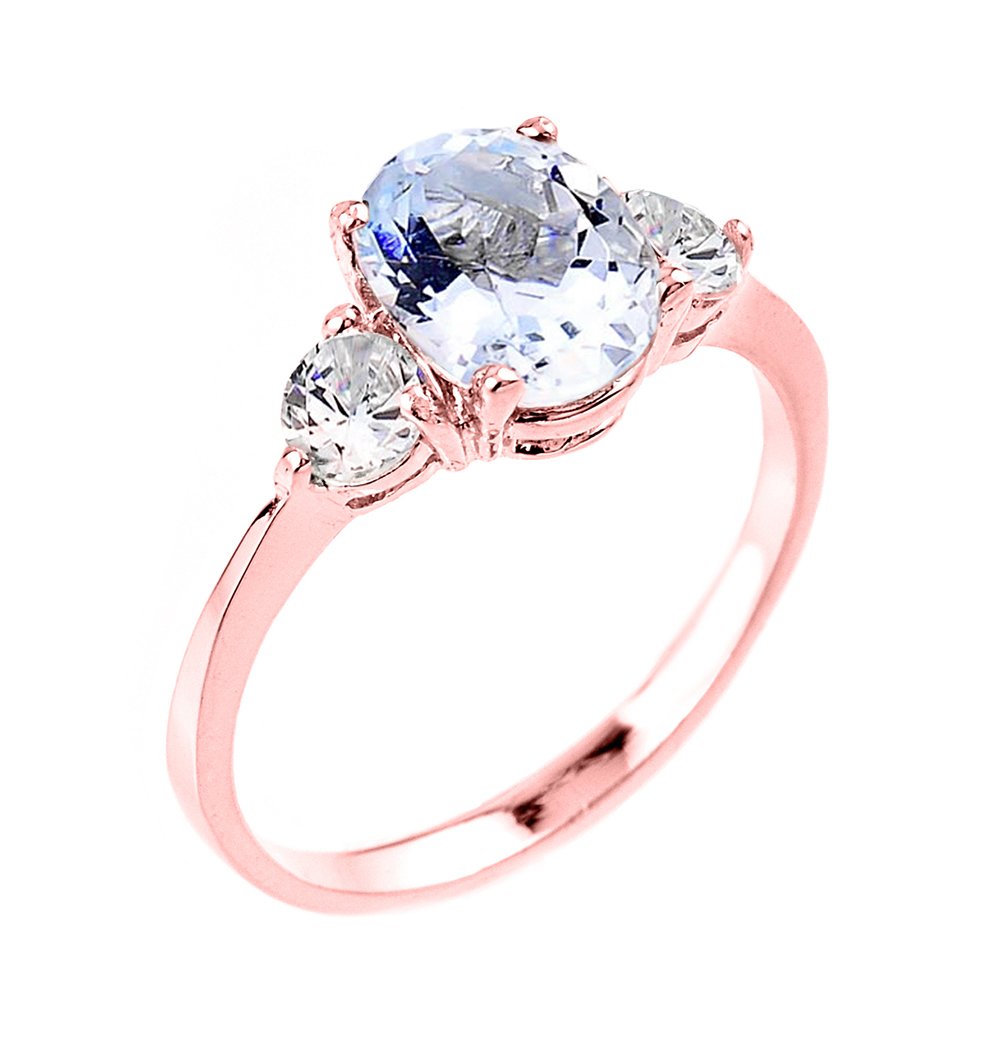 Elegant 14k Rose Gold Oval Shape Aquamarine with White Topaz 3-Stone Engagement Ring (Size 12)