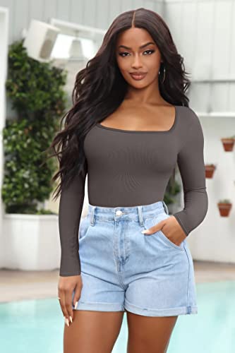 OQQ Women's 2 Piece Sexy Ribbed One Square Neck Long Sleeve BodySuit, Tea Leaf Beige, Small