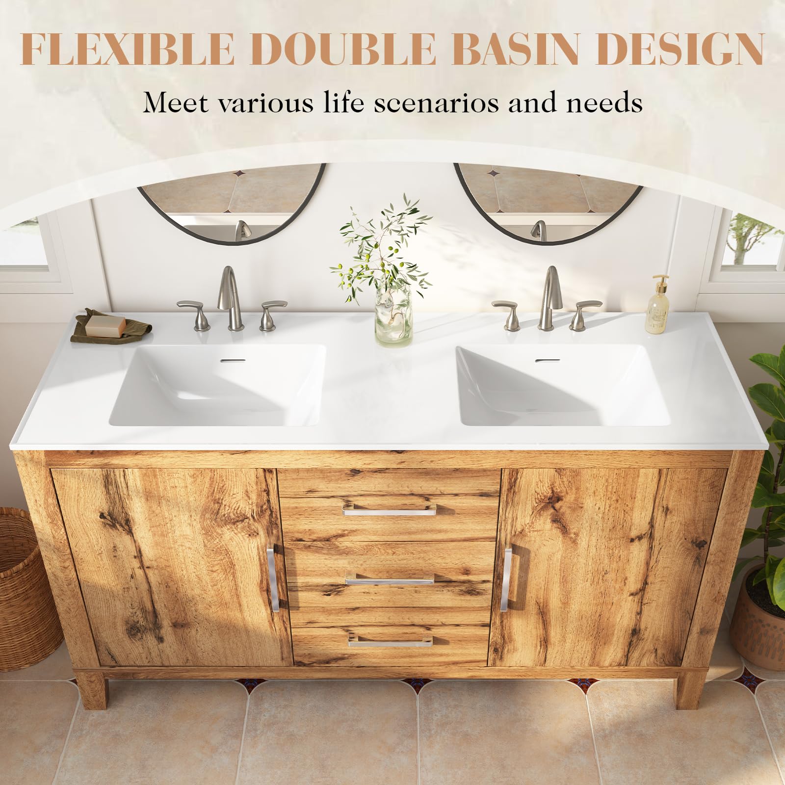 LUXOAK High Gloss 60" Bathroom Double Vanity with Sink, Wood Grains Bathroom Cabinet with Storage & Aluminum Handles & Soft Closing Doors, Retro, Yellow Oak