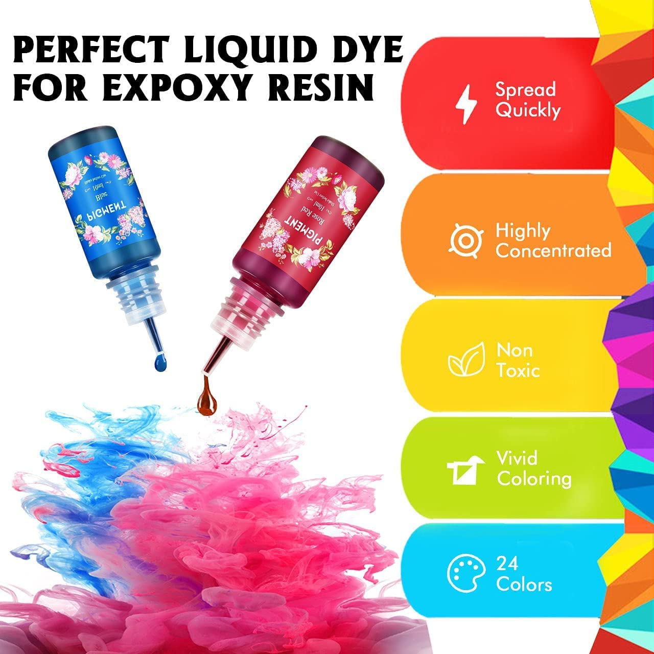 Epoxy Resin Pigment, Emooqi 24 Colors Liquid Epoxy Resin Dye Translucent Resin Colorant for Epoxy Resin Coloring, Paint, DIY Crafts Art Making