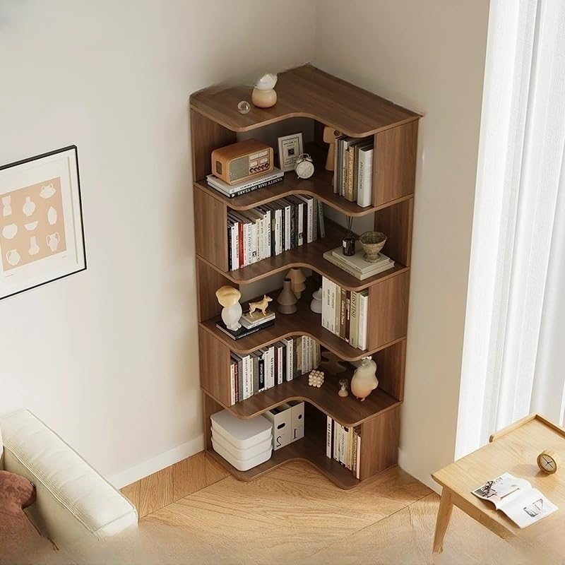 LITFAD Modern Vertical Corner Bookshelf Solid Wood Floor Bookcase with Shelves & Open Back Design Living Room Storage Shelves - Dark Walnut 24" L x 24" W x 63" H