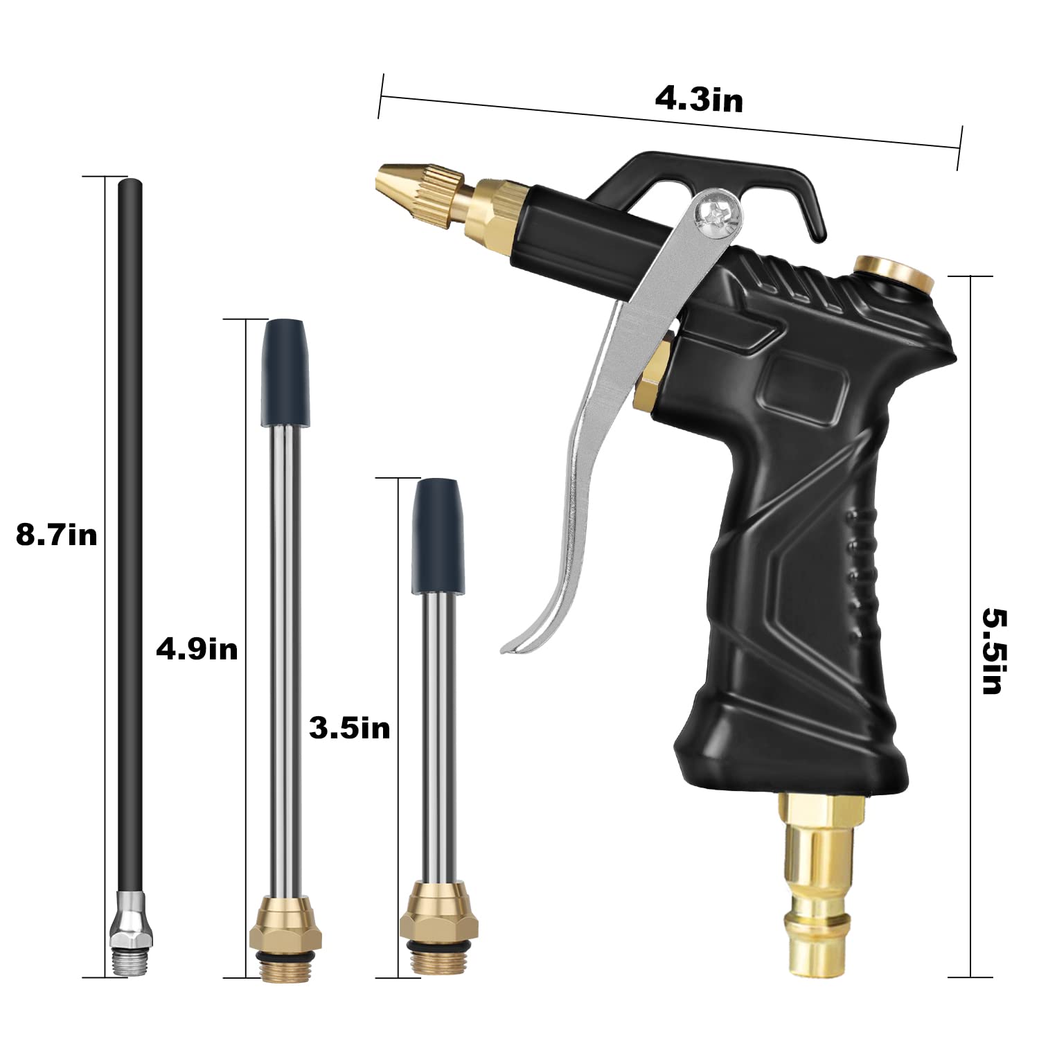 Industrial Air Blow Gun with Brass Adjustable Air Flow Nozzle , Universal hose and 2 Steel Air flow Extension.Pneumatic Air Compressor Accessory Tool Dust Cleaning Air Blower Gun. (2pcs)