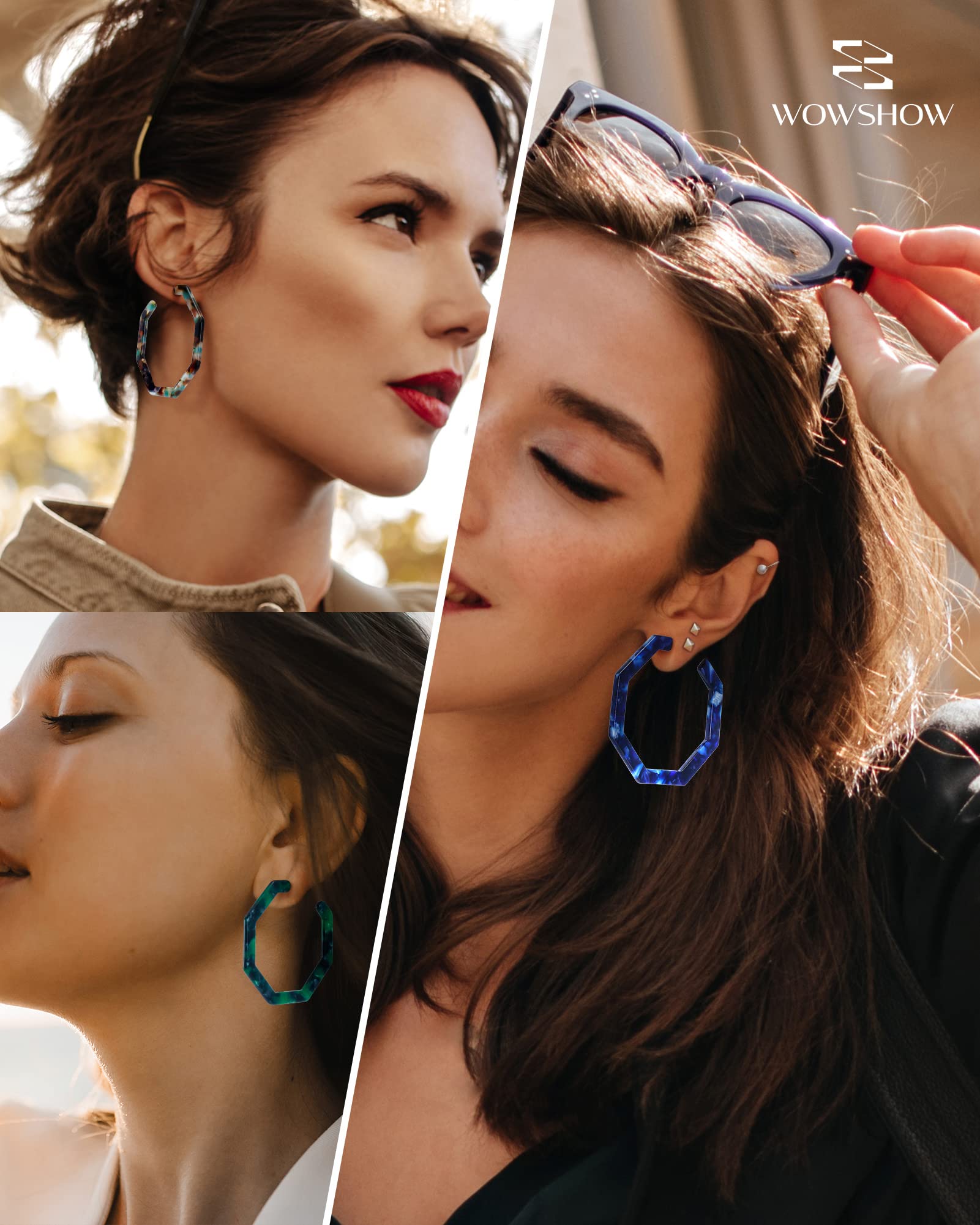 wowshow Acrylic Resin Hoop Earrings for Women Statement Fashion Geometric Octagon Earrings (Blue)