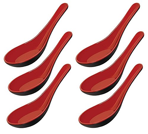 Happy Sales Melamine Soba, Rice Spoons, Chinese Won Ton Soup Spoon, Asian Red and Black, 6 Pack Plain Style