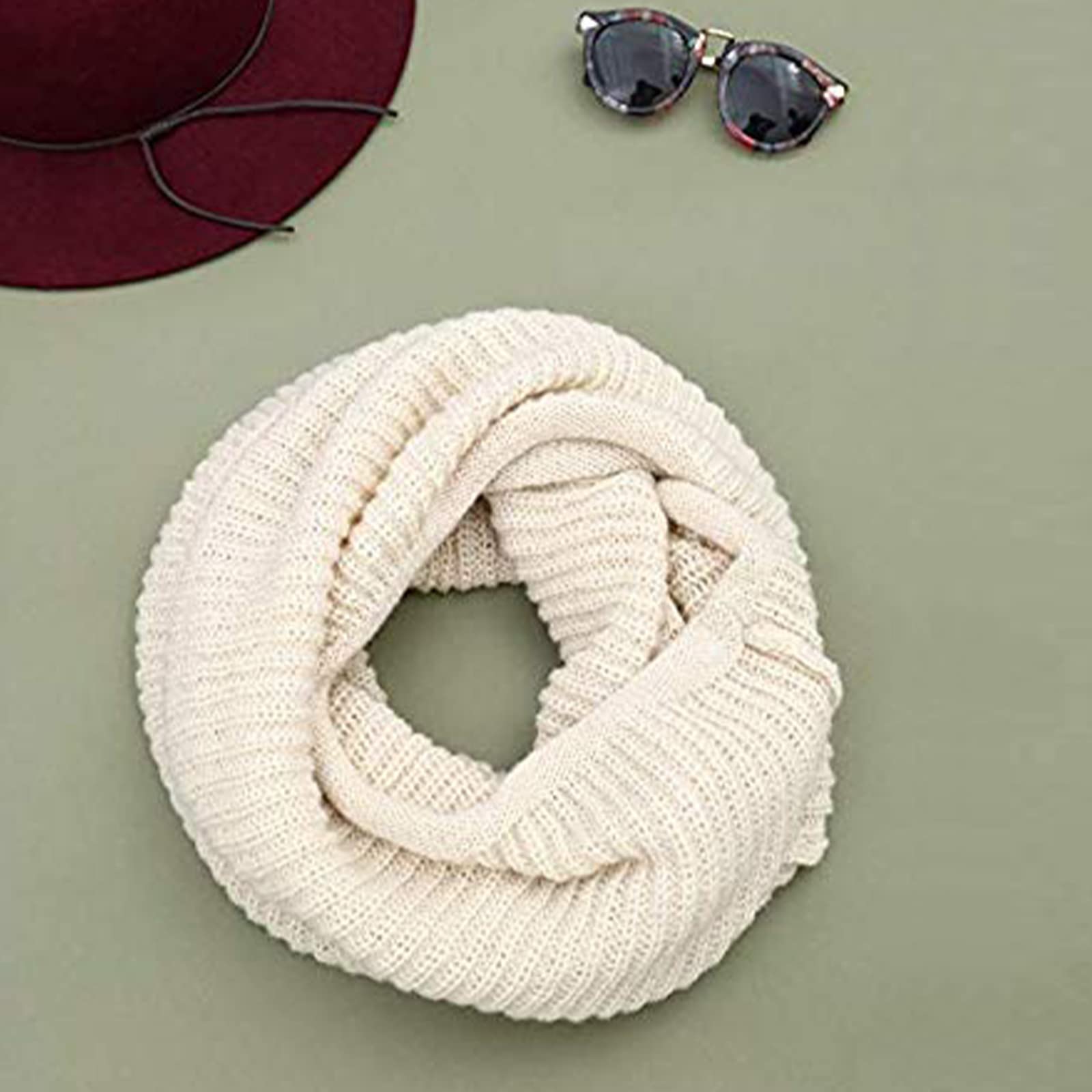 Dimore Women Winter Knit Infinity Scarf Circle Loop Scarf Beanie Set Thick Neck Warmer Scarf (Beige)