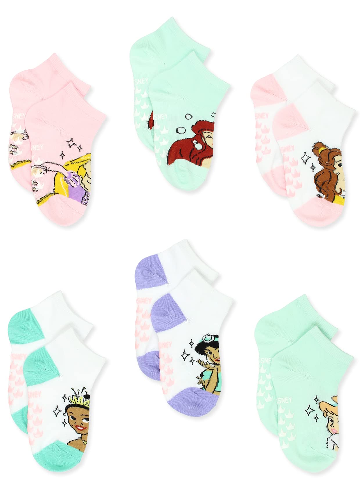 Disney Princess Toddler Girls 6 Pack Socks with Grippers (Small (4-6), Aqua Blue)