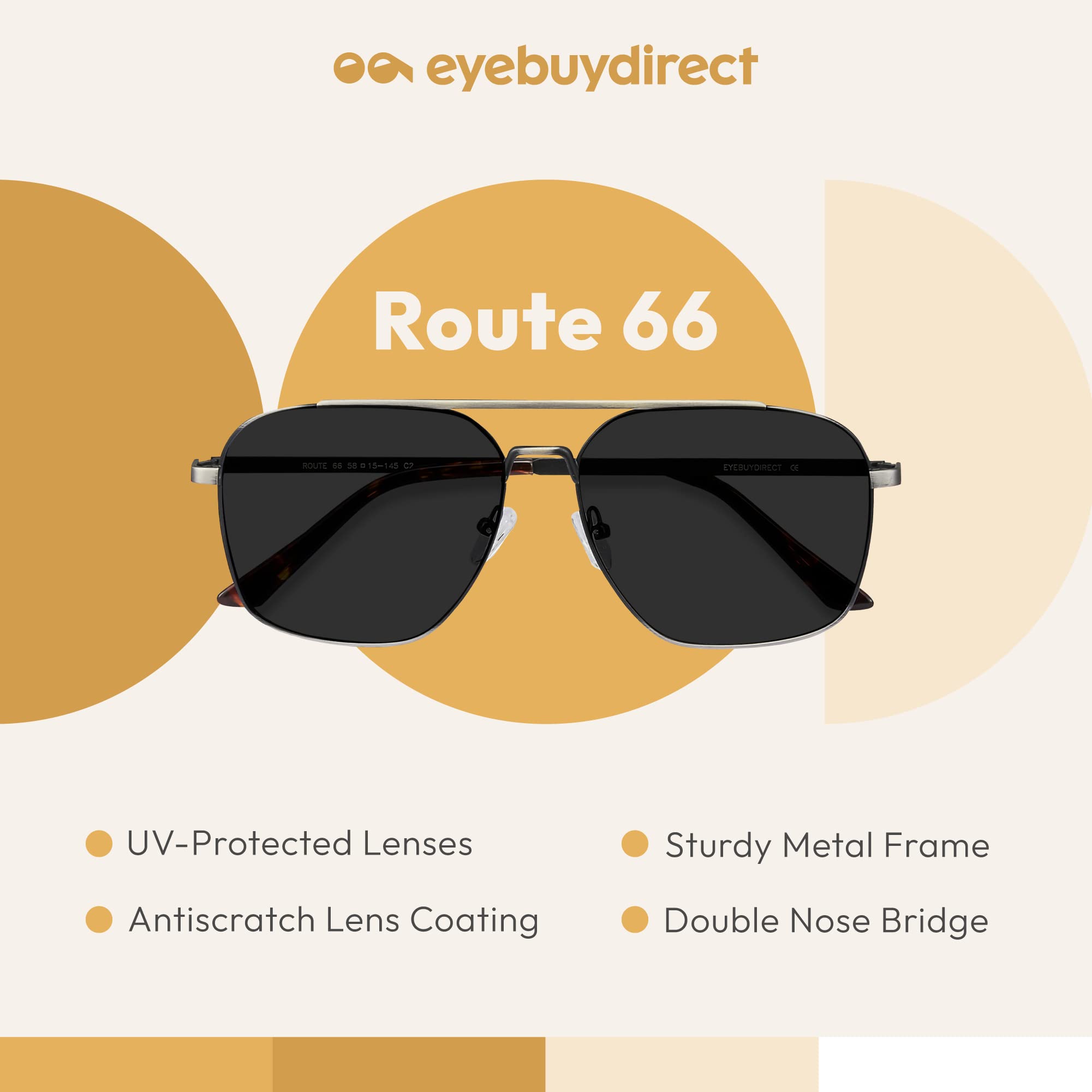 EYEBUYDIRECT Aviator Sunglasses for Women and Men, Scratch-Resistant Sunglasses for Women and Men with UV Protection, Non-Polarized, Route 66 - Large