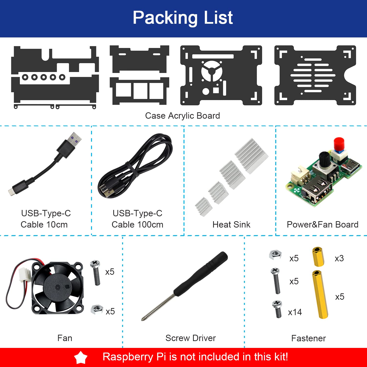 Freenove Case Kit for Raspberry Pi 4 B, Adjustable Speed Cooling Fan, Built-in Power Switch, Acrylic Protective Case, USB Cable