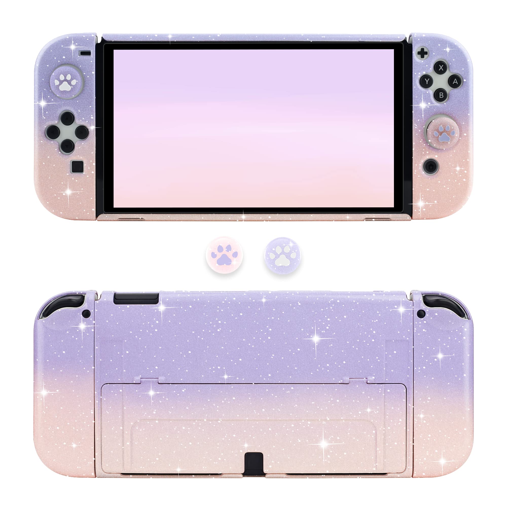 FANPL Glitter Case for Nintendo Switch OLED, Dockable Protective Case Cover for Switch OLED and Joy Con Controller with 2 Cat Paw Thumb Grips (Gradient Pink and Purple)