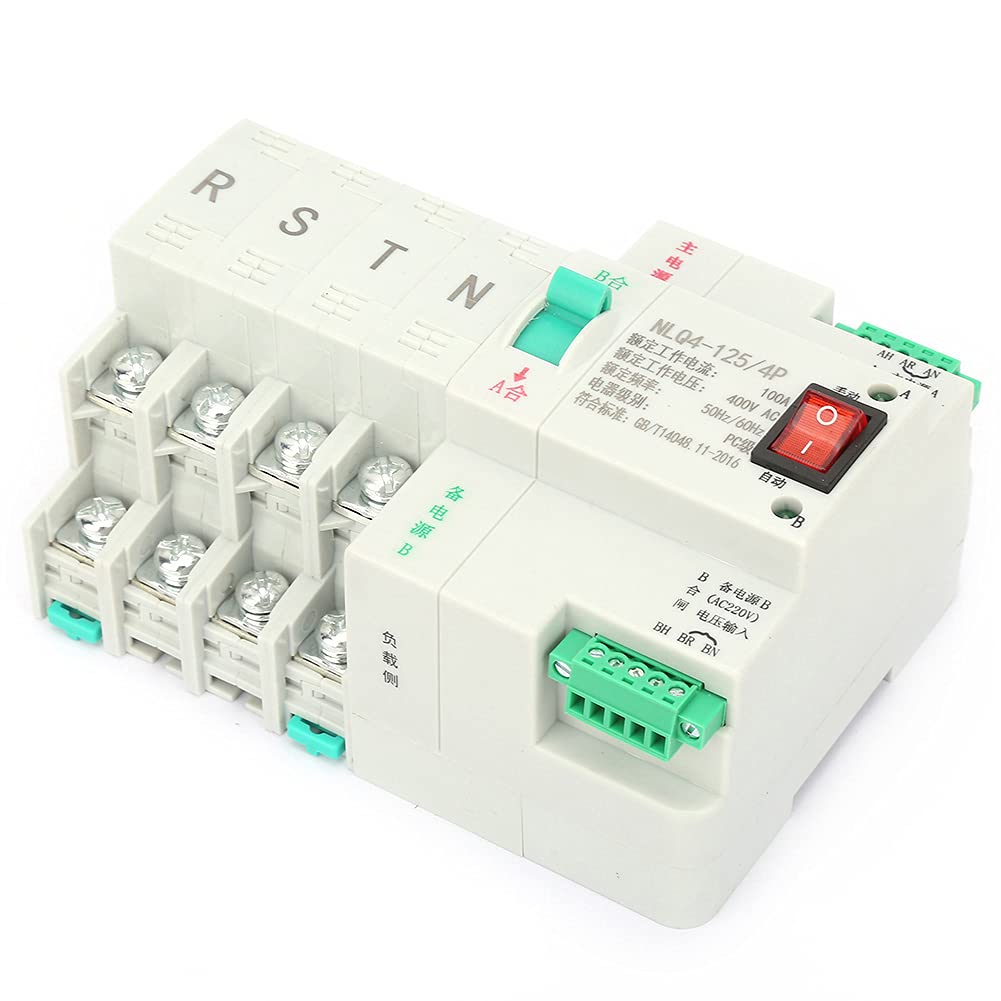 Dual Power Automatic Transfer Switch AC 400V 4P 63A/80A/100A ATS PC Automatic Changeover Toggle Switch Double Transfer Switch for Municipal Electricity, Generator(100A)