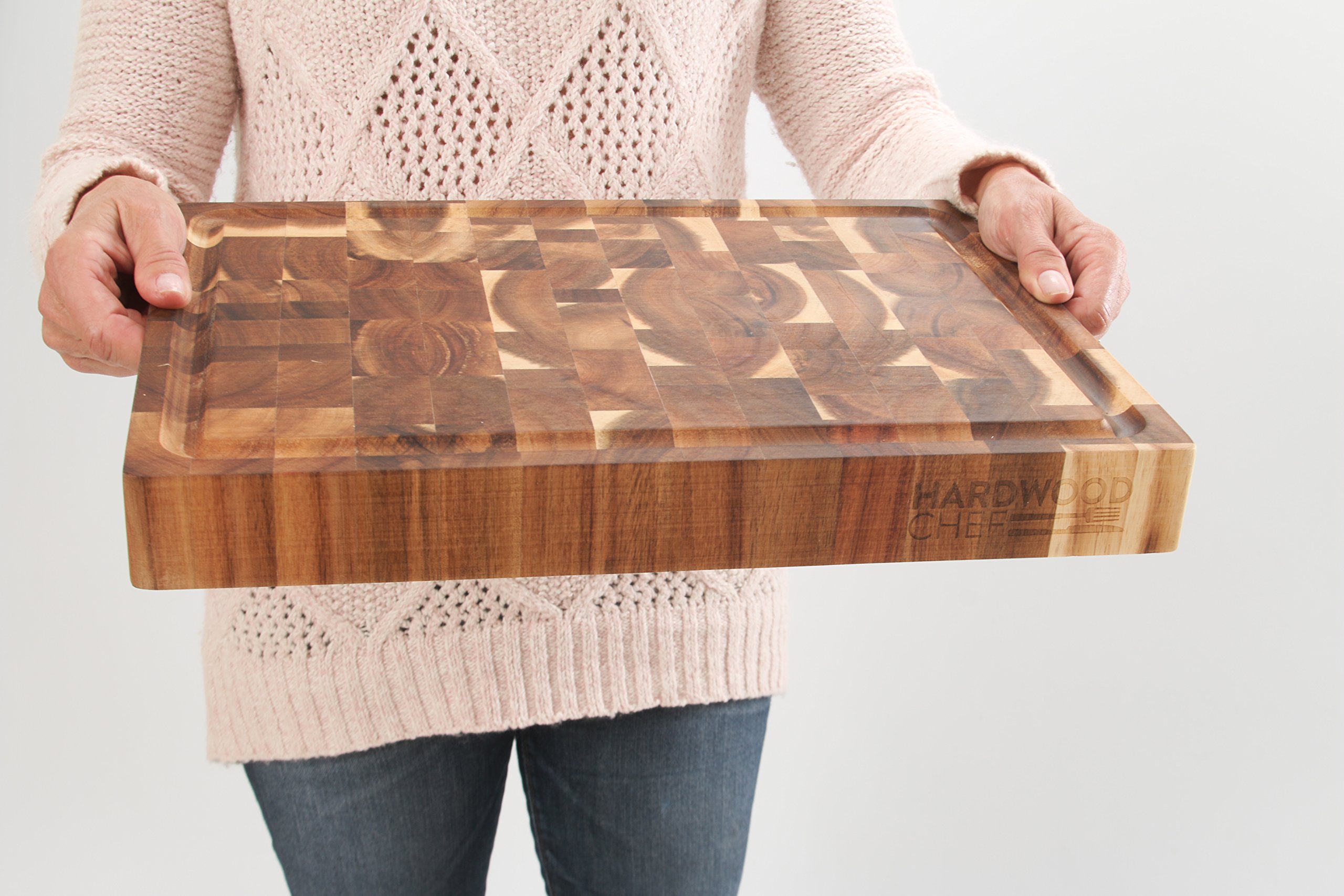 Hardwood Chef Premium Thick Acacia Wood End Grain Cutting Board Butcher Block with Groove, 16 x 12 x 1 3/4 in | For Chopping & Serving Cheese | (Gift Box Included) with BONUS e-Book