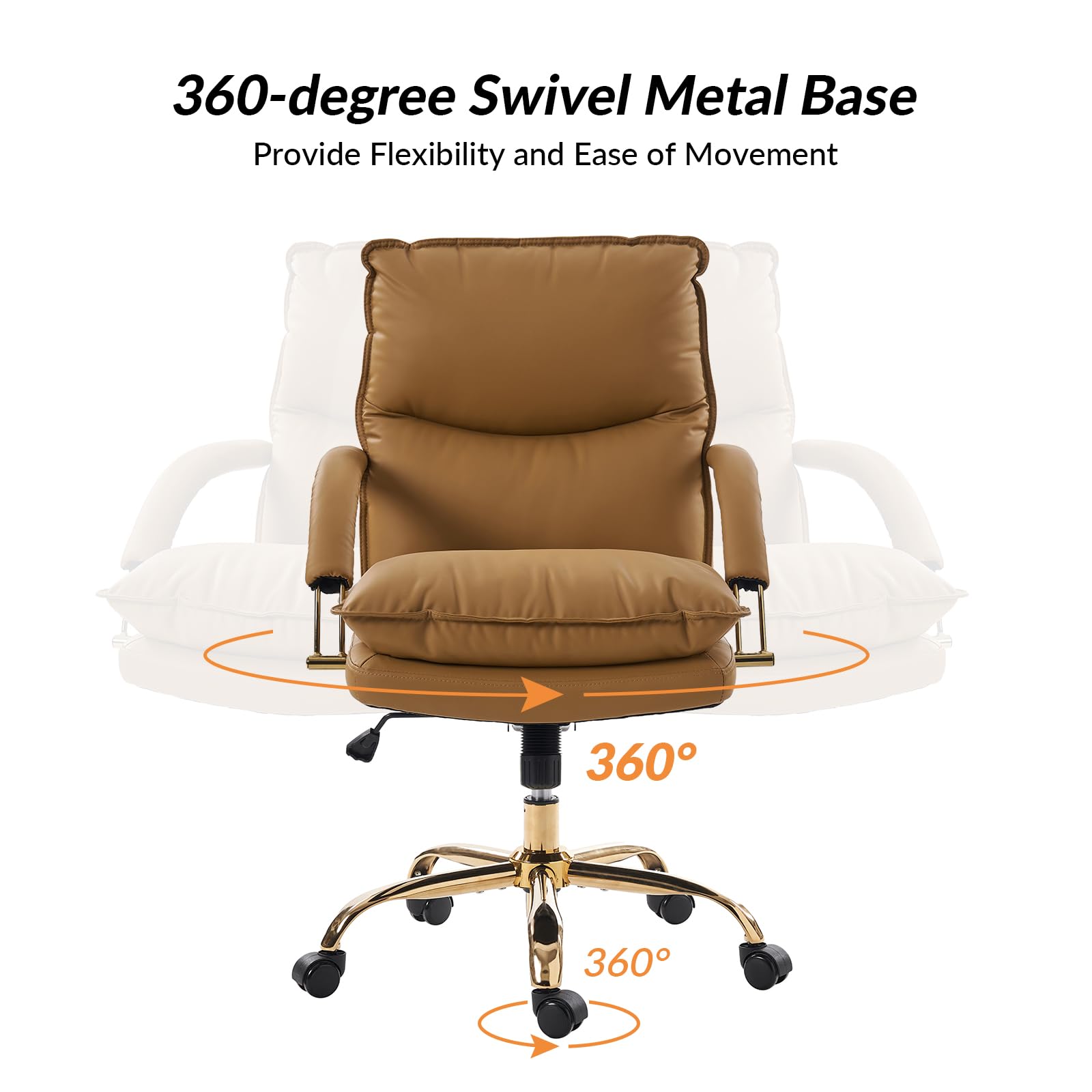 HULALA HOME Office Desk Chair, Leather Adjustable Swivel Computer Chair with Golden Legs and Padded Arms, Comfy Upholstered Task Chair, Camel