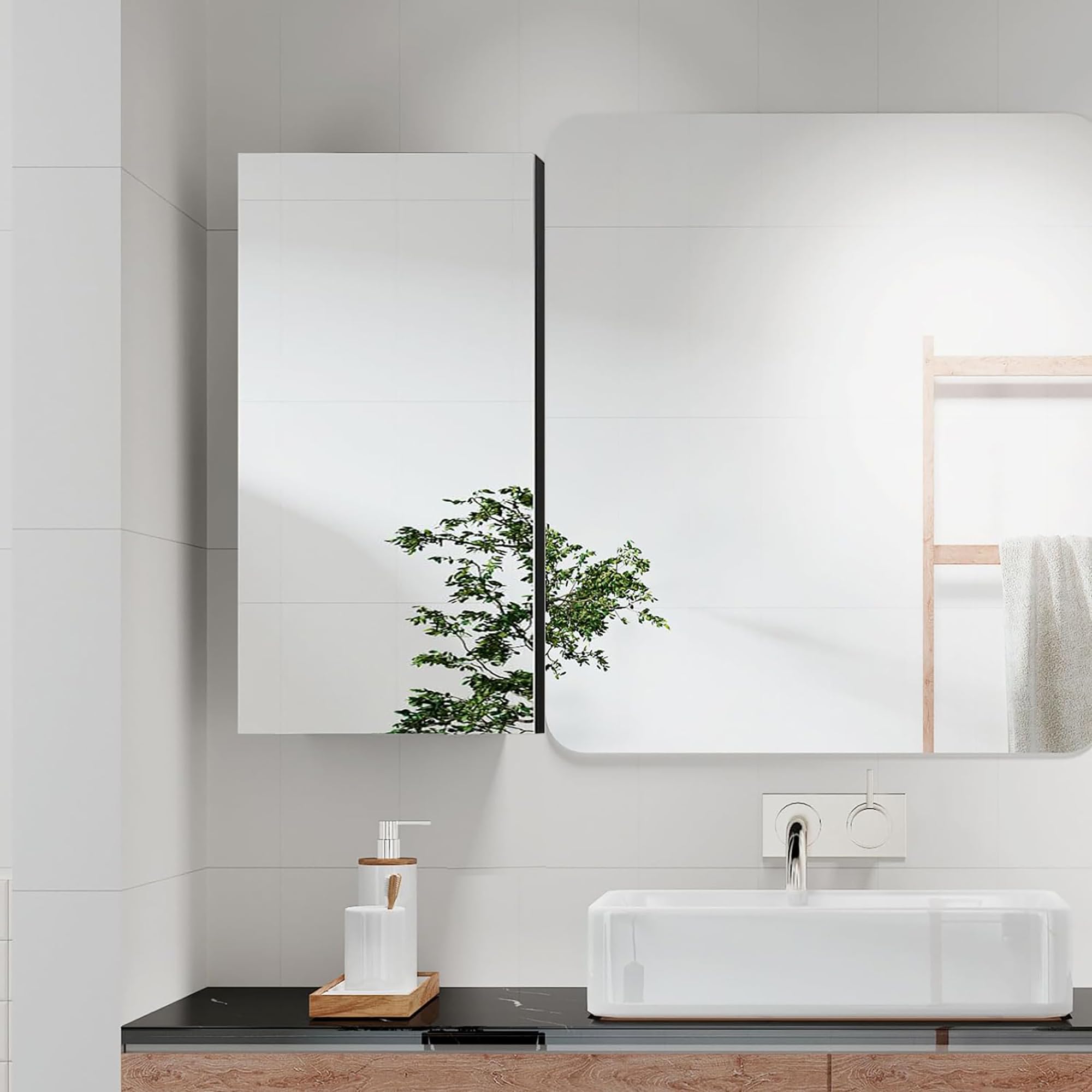 THNIKRE Black Medicine Cabinet, 18x36 inch Single-Door Bathroom Cabinet with Mirror, Wall Mounted Cabinet Medicine Full-Overlay Mirrored with Beveled Edges, Recessed or Surface Mount Aluminium 38lbs