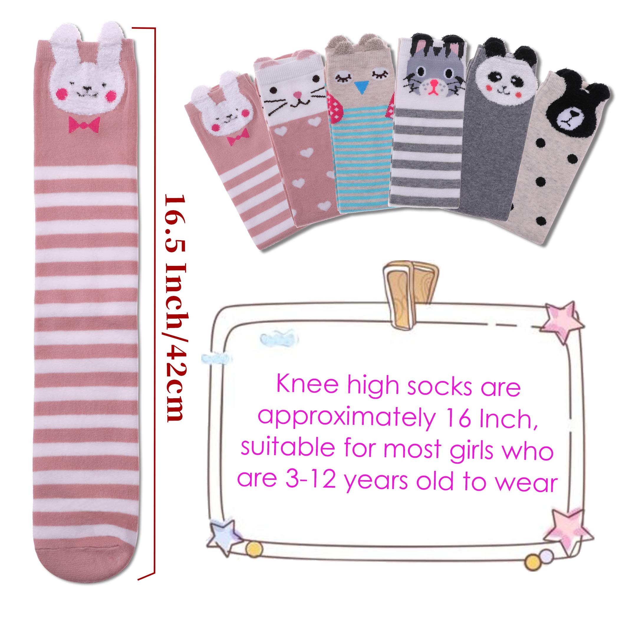 FNOVCO Girls Knee High Socks Cartoon Animal Patterns Cotton Over Calf Socks (6 Pairs Animal)