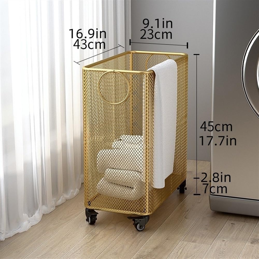 Laundry Hamper with Handles & Rolling Wheels, Metal Laundry Basket with Wheels, Light Luxury Style Laundry Hamper, for Bathroom,Laundry Room(Size:16.9 * 9.1 * 17.7in) (Color : Gold)