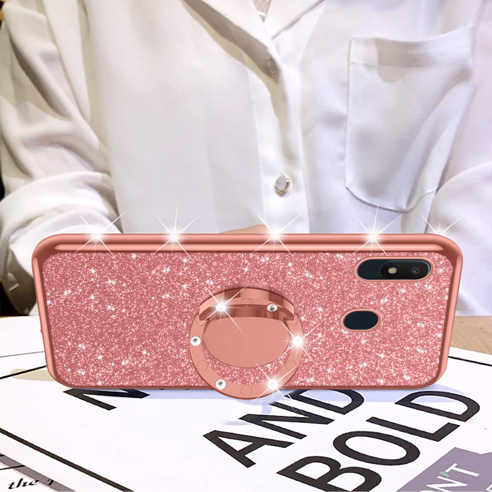 for Samsung Galaxy A10E Phone Case Girls Women Cute Rhinestone Glitter TPU Case with Ring Stand Strap Lanyard Shockproof Protection Cover for Samsung Galaxy A20E -Rose Gold