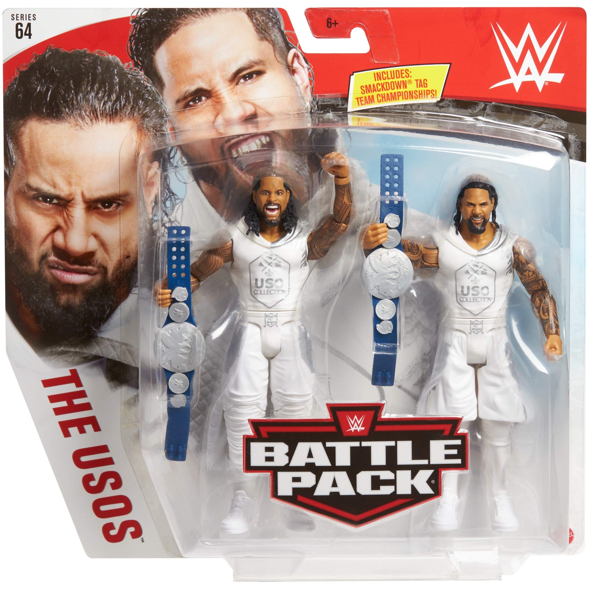 WWE Jimmy USO vs Jey USO Battle Pack Series #64 with Two 6-inch Articulated Action Figures & Ring Gear