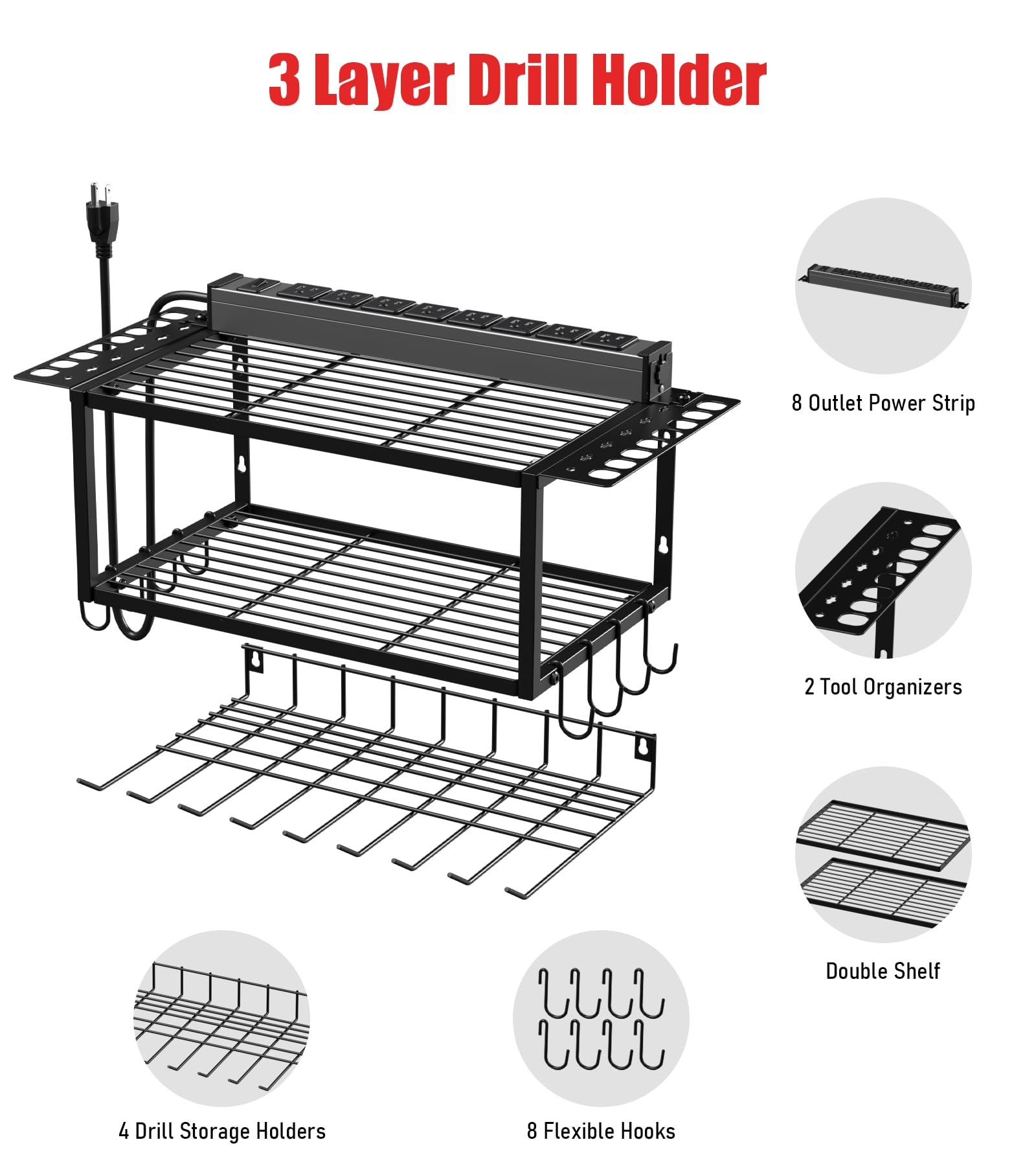JUNNUJ Tool Organizer with Charging Station, 3 Layers Wall Mount Garage Tools Storage with 8 Outlets Power Strip, 4 Drills Holder Battery Heavy Duty Metal Shelf, Utility Rack with Hooks, Black