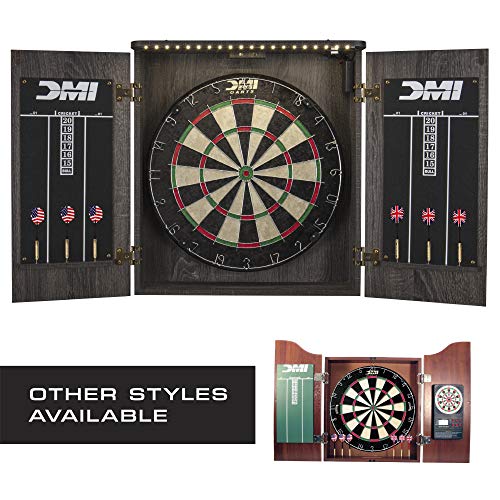 DMI Sports Paris Bristle Dartboard Cabinet Sets - Includes LED Lighting or Electronic Scoring Option, Rustic Grey (D4400W)