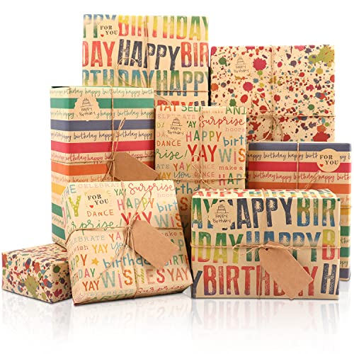 MAMUNU Birthday Wrapping Paper, 8 Sheets Brown Kraft Recycled Gift Wrapping Paper, Colorful Happy Birthday Gift Wrapping Paper Set with Stickers and Tags for Kids Women Men Birthday All Occasions, 20×28 Inch