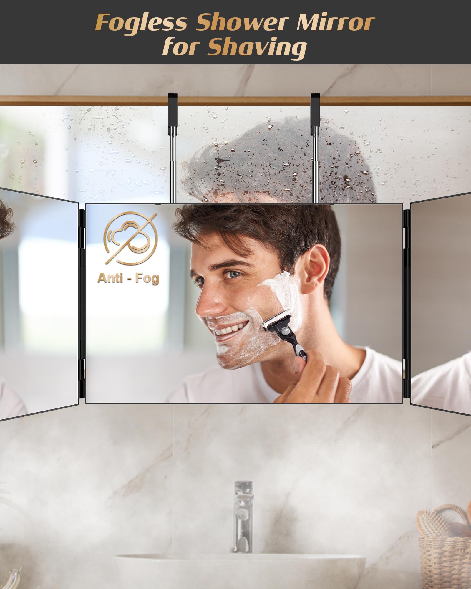JUSRON 3 Way Mirror for Hair Cutting, 360 Mirror with Height Adjustable Hooks for Door, Bathroom, Portable Trifold Shaving Barber Mirror for Makeup, Cut, Trim (Black Without LED)