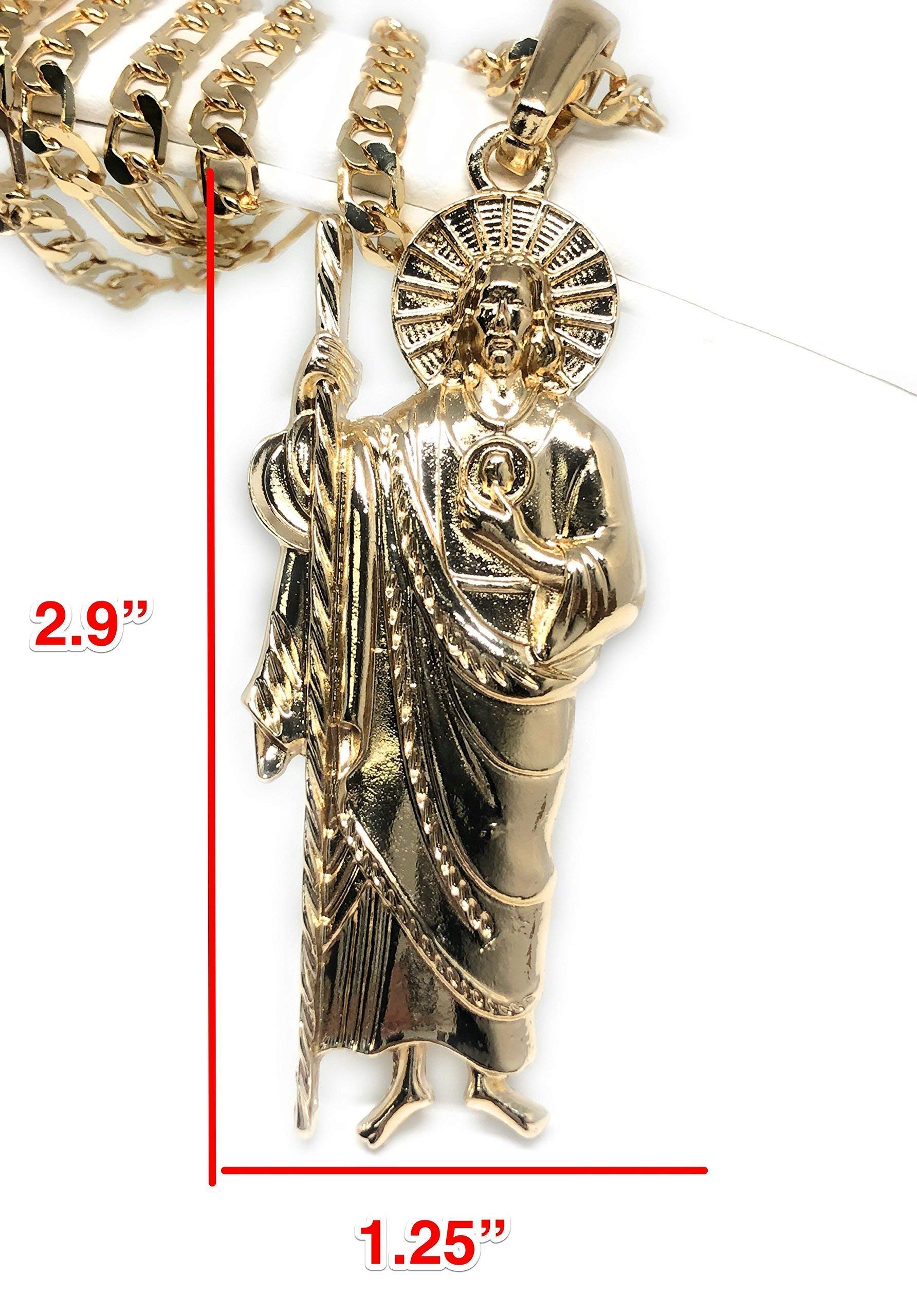 Fran & Co. Jewelry Gold Plated Big Saint Jude Pendant Necklace Figaro 26" San Judas Tadeo Medalla XL Cadena Oro