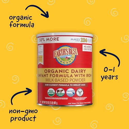 Earth's Best Organic Baby Formula for Babies 0-12 Months, Powdered Dairy Infant Formula with Iron, Omega-3 DHA, and Omega-6 ARA, 32 oz Formula Container