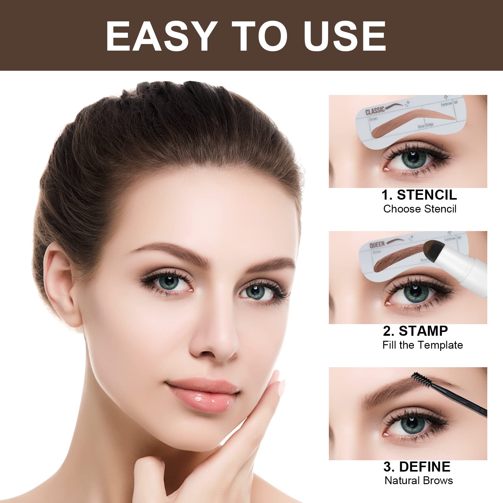 Flywrun Eyebrow Stamp Stencil Kit - One-Step Vegan Eyebrow Stamp Pomade - Long-Lasting Waterproof Smudge-Proof - With 20Pcs Reusable Thin & Thick Eyebrow Stencils for Perfect Brows (Dark Brown)