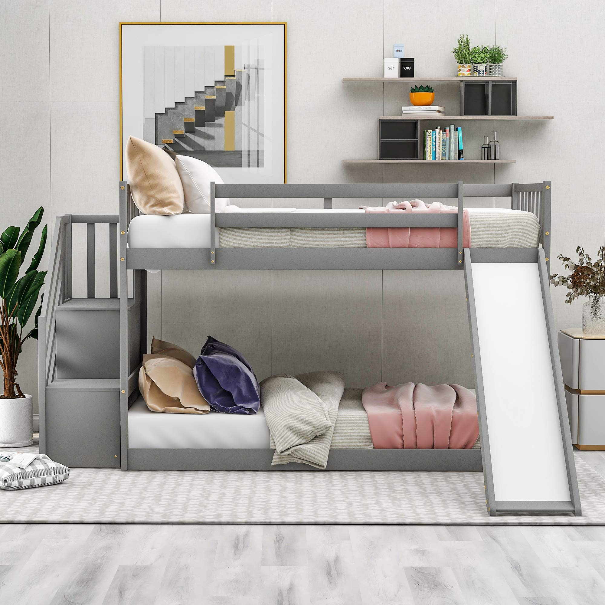 Twin Over Twin Bunk Bed with Slide and Storage Staircase, Twin Size Bunk Bed for Kids, Teens, No Box Spring Needed (Gray, Twin Over Twin)