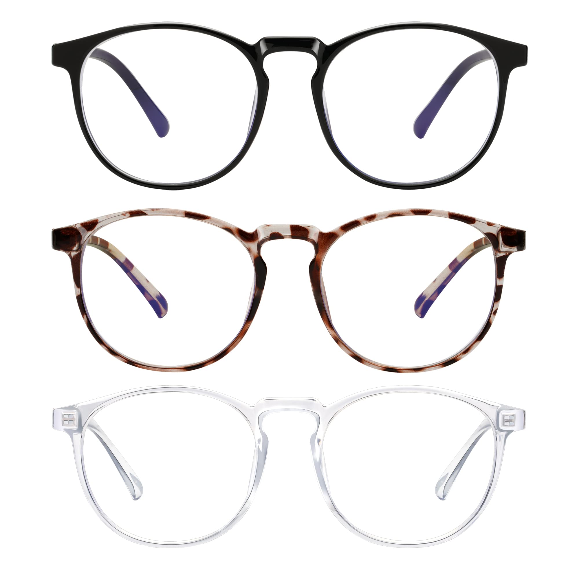 Dalfand Blue Light Blocking Glasses - Women/Man 3Pack Round Frame Computer/Reading/Gaming Blue Light Glasses Non Prescription (black+touming+douhua)